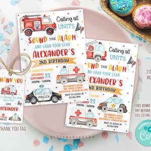 Editable Emergency Vehicles Birthday Invitation, First Responders ...