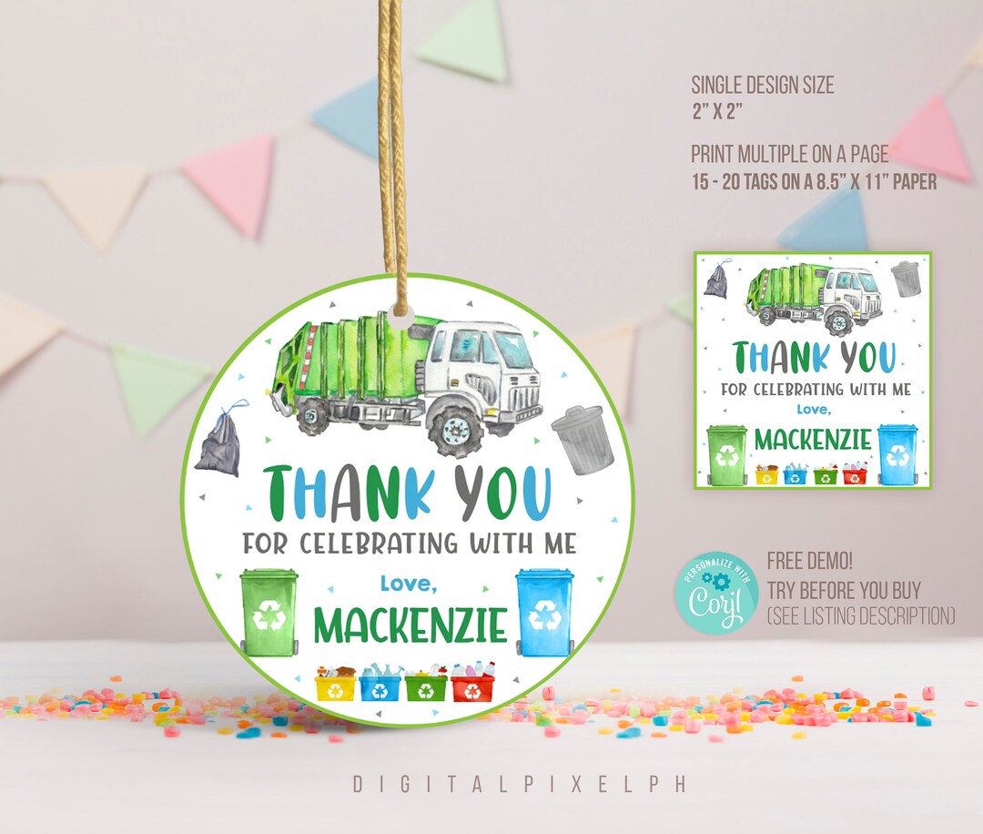 Editable Garbage Truck Round Thank You Tags, Garbage Truck Sticker ...