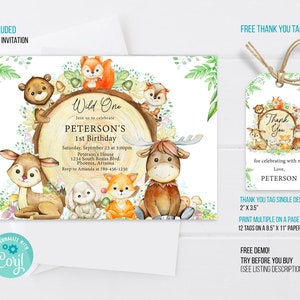 Editable Woodland Wild One Birthday Invitation, Woodland Forest Animals ...