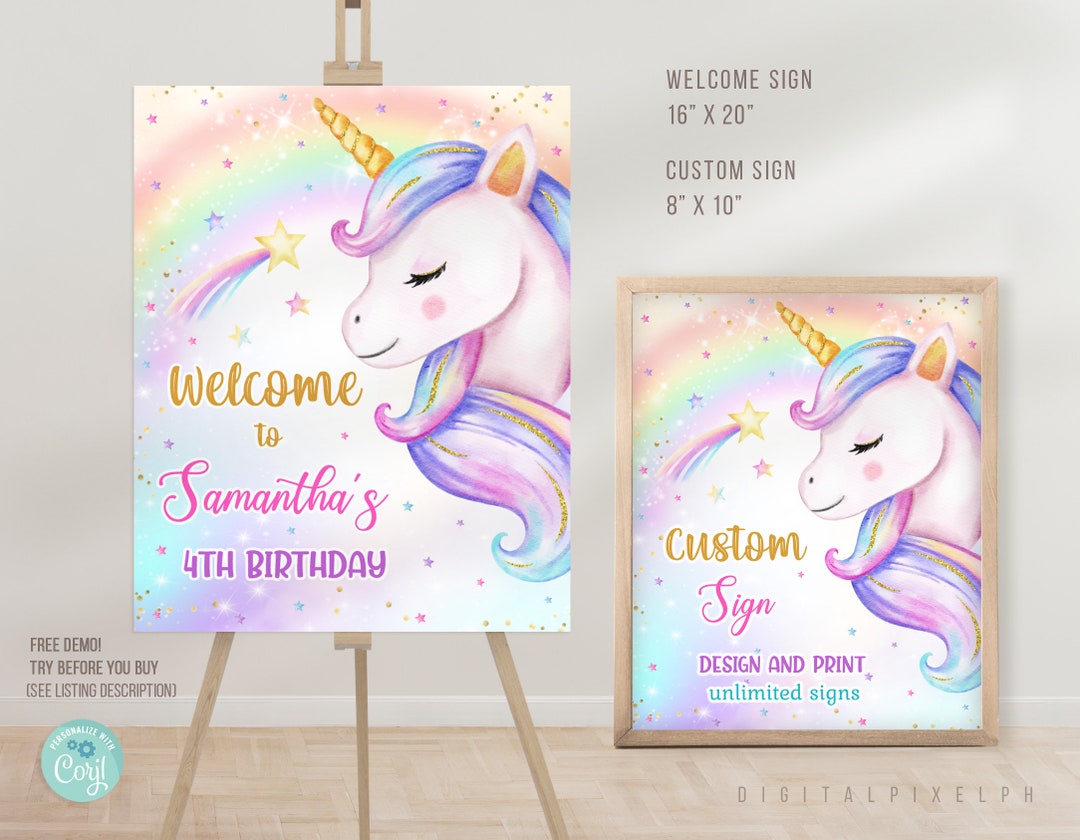 Editable Unicorn Birthday Welcome Sign Template, Unicorn Birthday ...