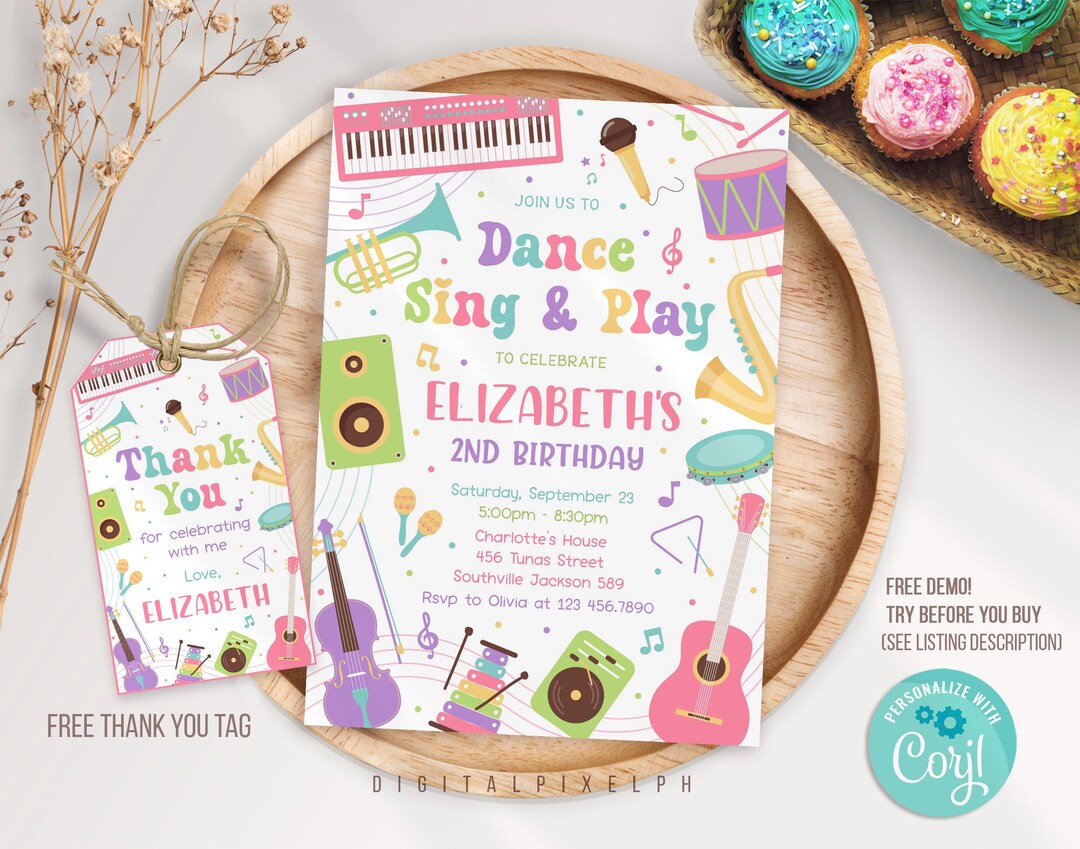 Editable Dance Sing Play Birthday Invitation, Music Birthday Invitation ...