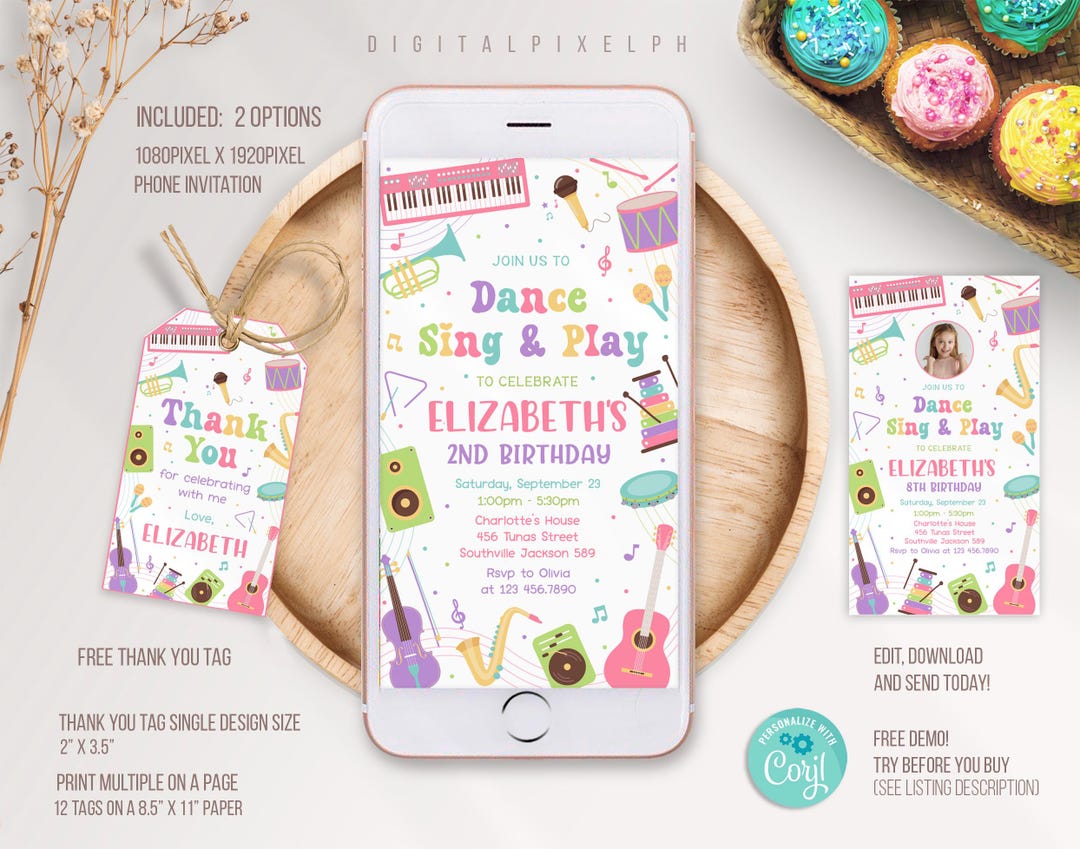 Editable Musical Instruments Phone Birthday Invitation, Musical ...