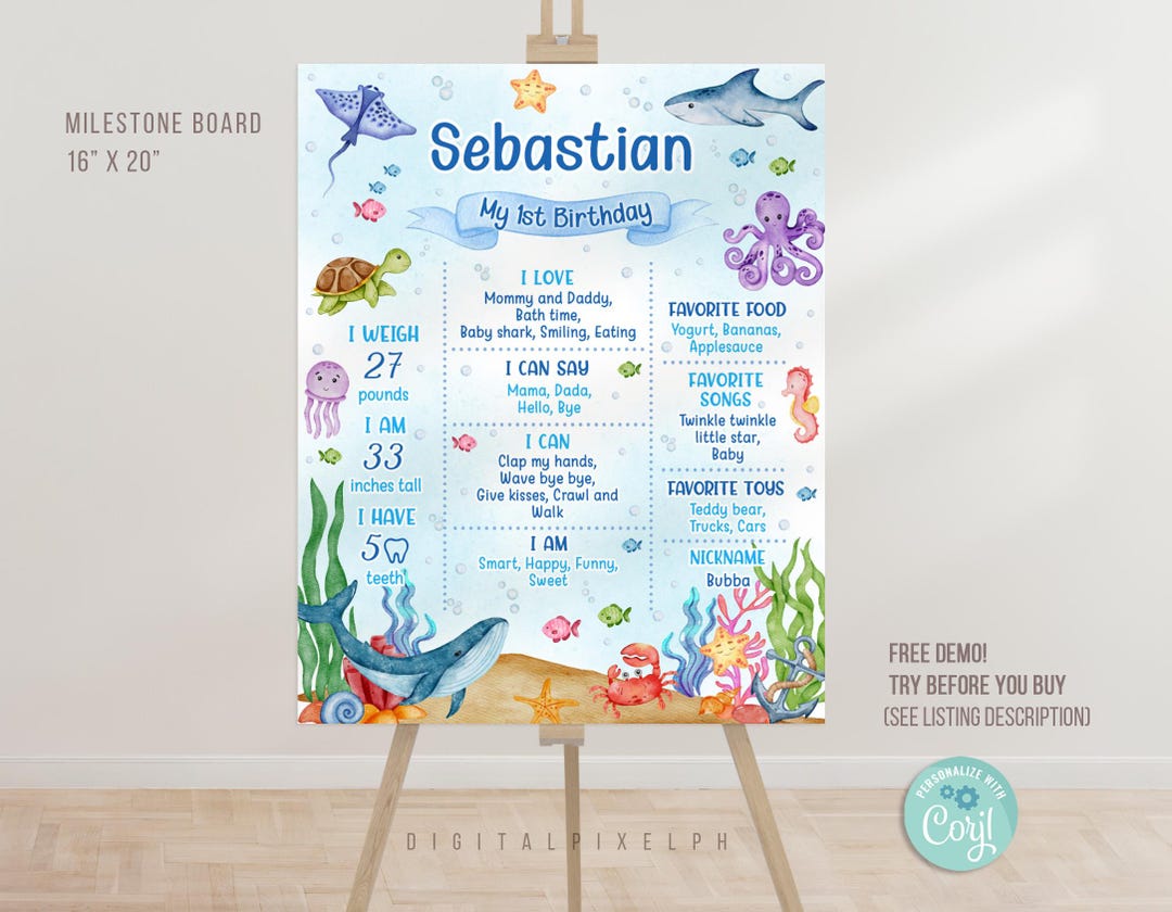 Editable Under the Sea Birthday Milestone Poster Template, Under the ...