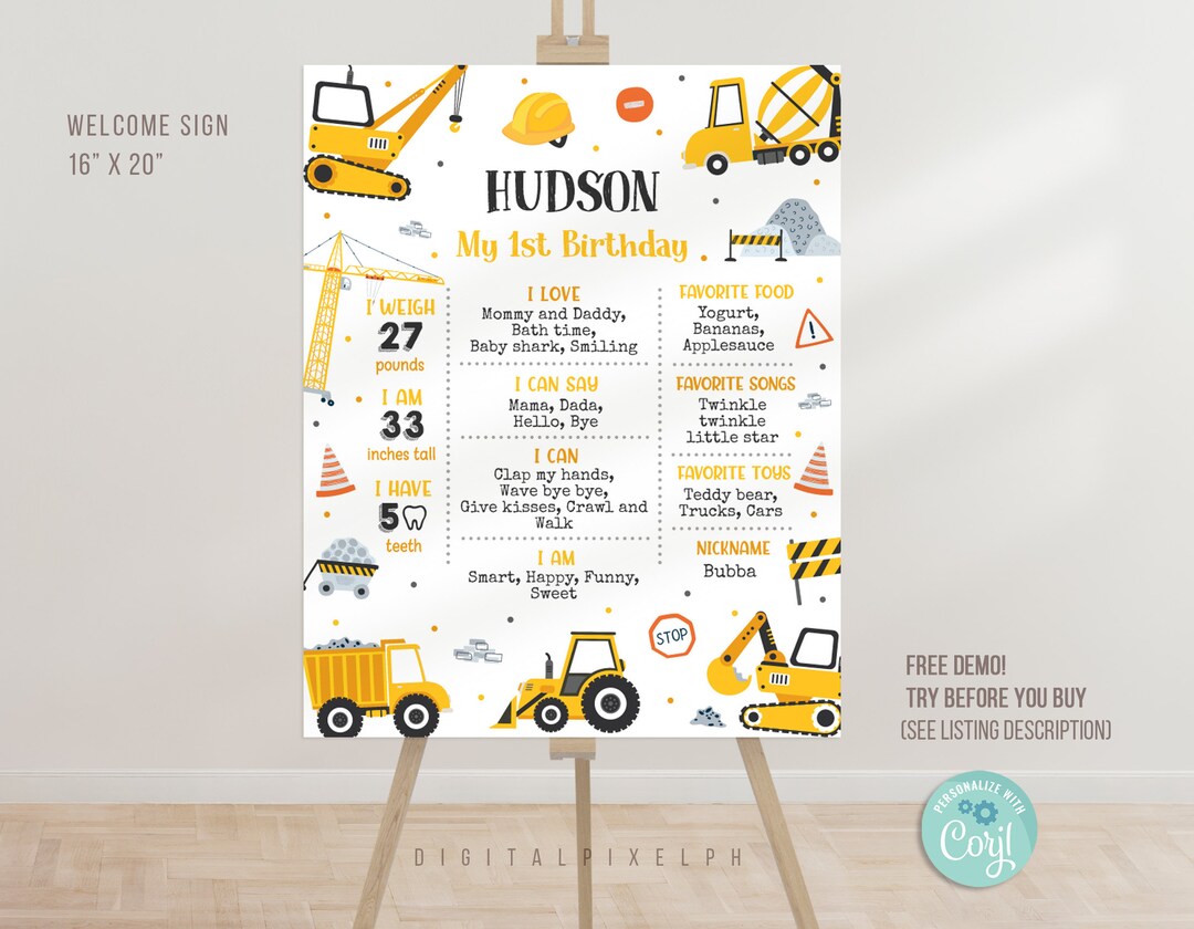 Editable Construction Birthday Milestone Poster Template, Construction ...