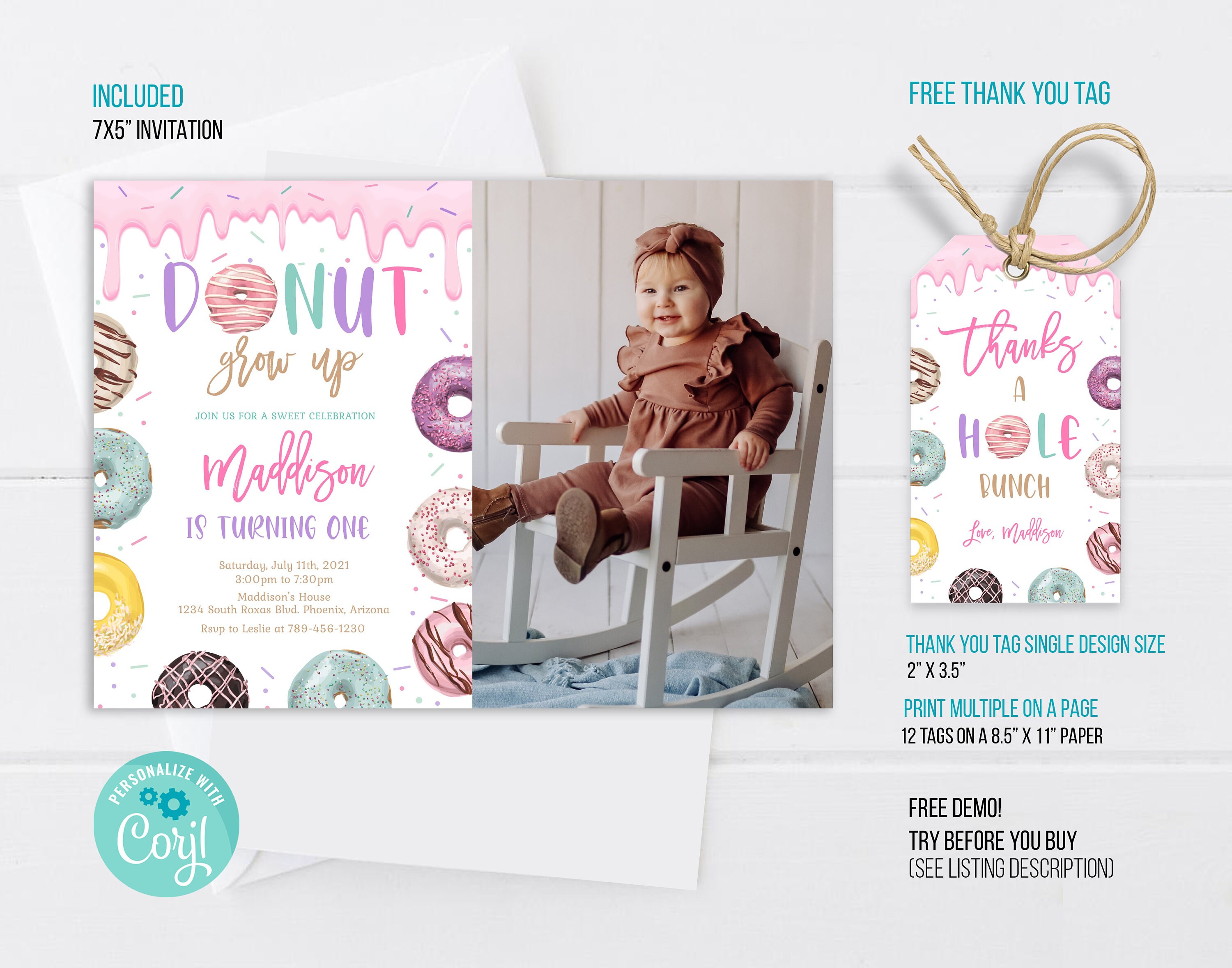 Donut Birthday Party Invitation Template With Photo Birthday - Etsy