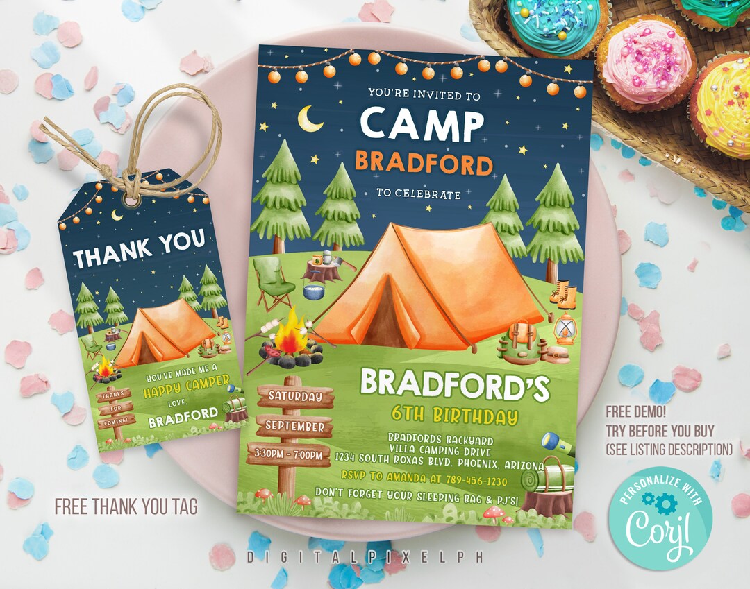 Editable Camping Birthday Invitation, Happy Camper Invitation, Camping ...
