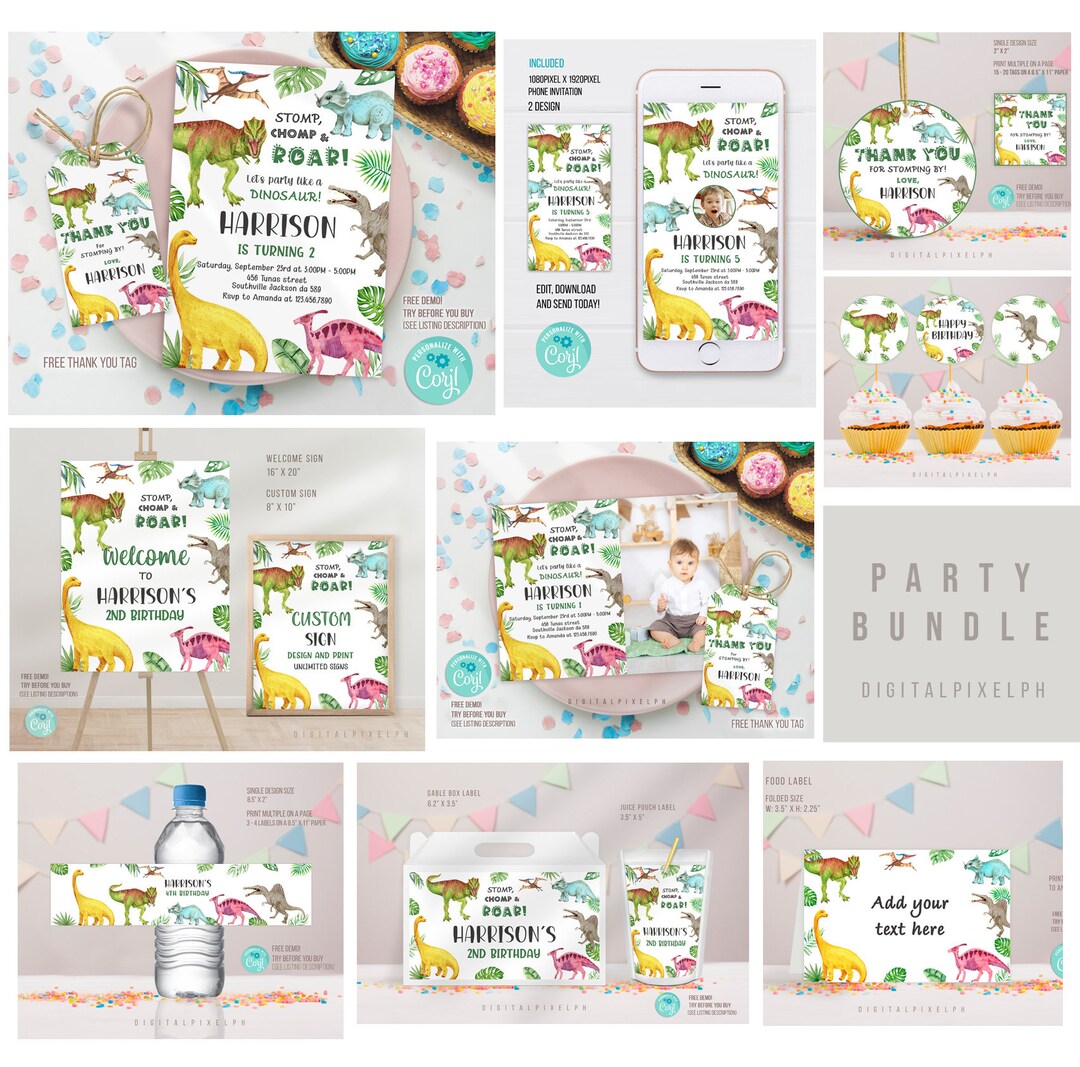Editable Dinosaur Birthday Invitation Bundle Template, Dinosaur Welcome ...