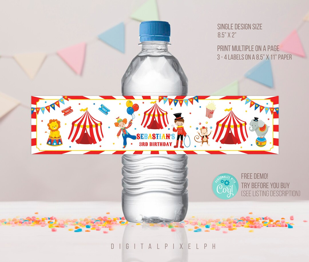 Editable Carnival Water Bottle Label, Carnival Bottle Label, Circus ...