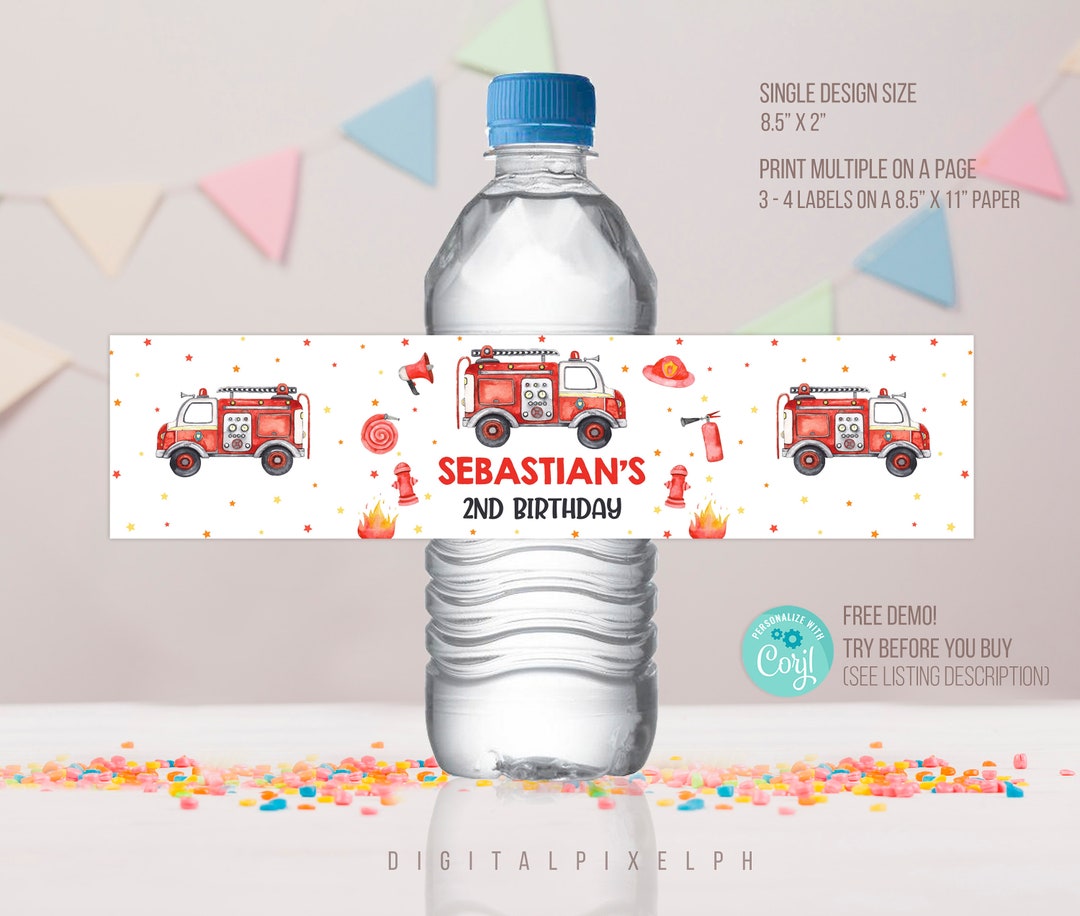 Editable Fire Truck Water Bottle Label, Fire Truck Label, Fireman ...