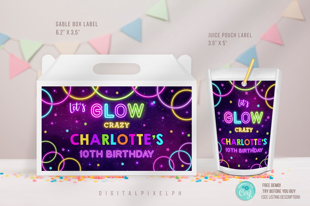 Editable Glow Party Capri Sun Labels, Glow Juice Labels, Glow Gable Box ...