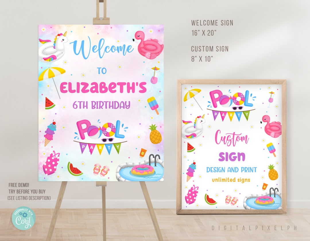 Editable Pool Party Welcome Sign Template, Pool Party Custom Sign ...