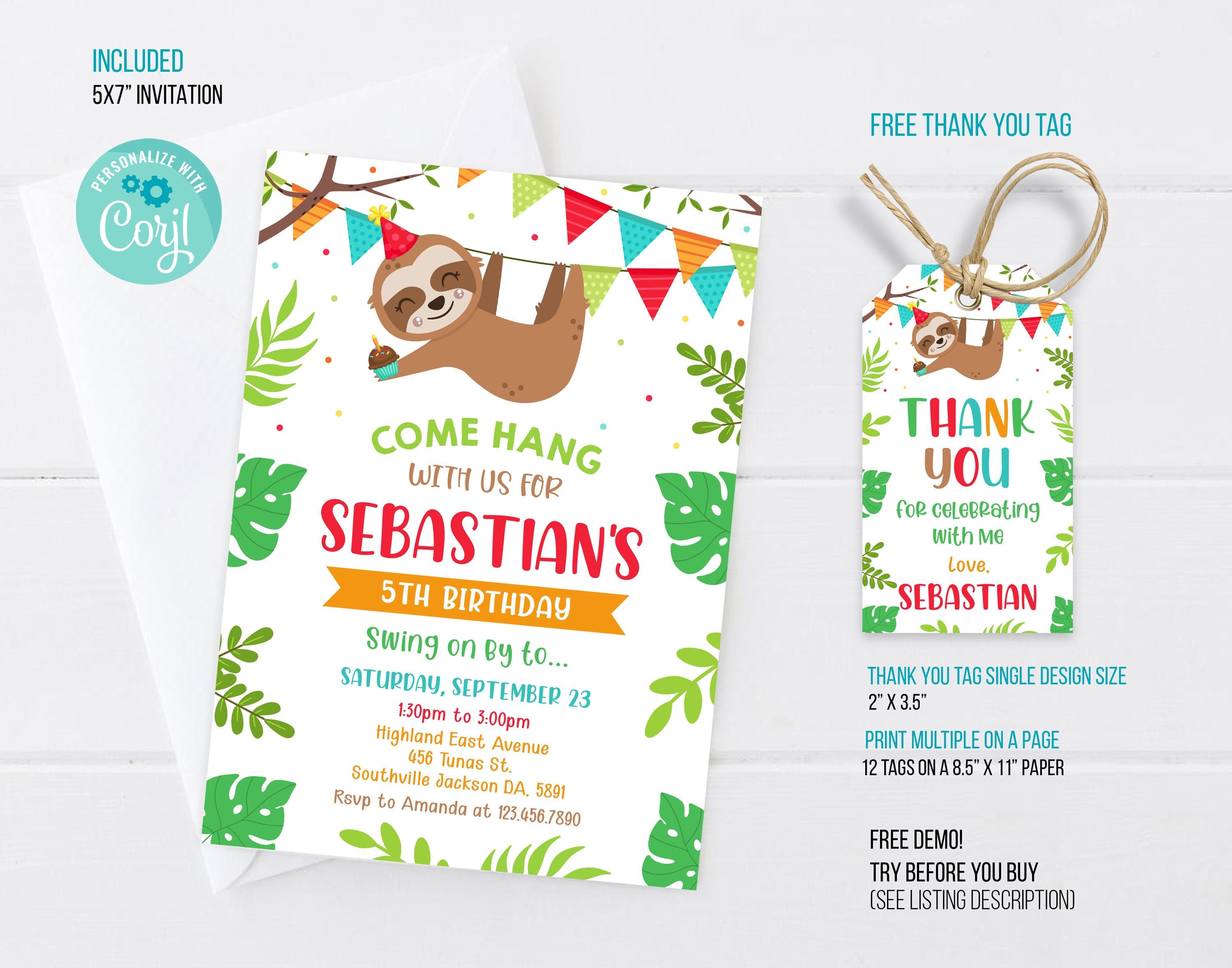 Editable Sloth Birthday Invitation Template, Sloth Birthday Invitation ...