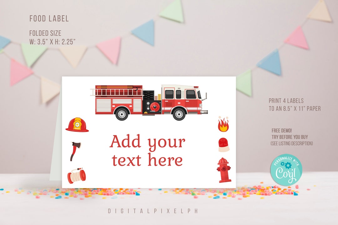 Editable Fire Truck Food Label, Fire Truck Birthday Party Food Tent ...