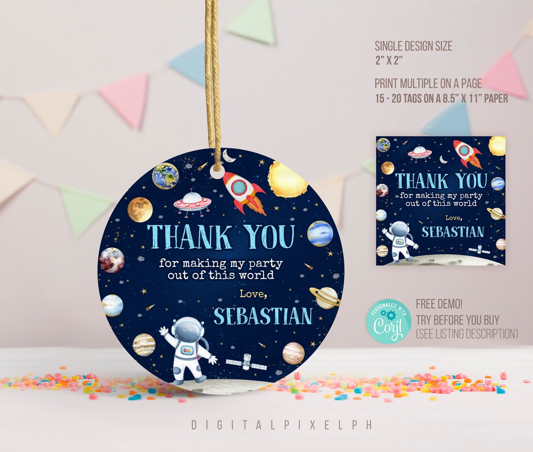 Editable Round Outer Space Thank You Tags, Outer Space Sticker, Outer ...