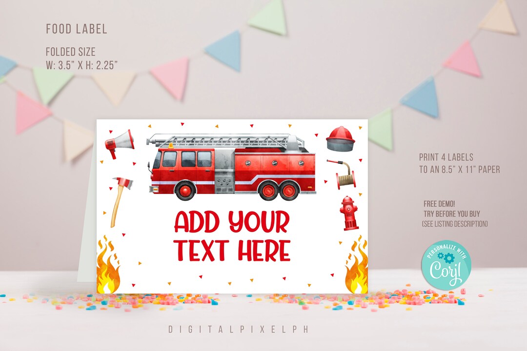 Editable Fire Truck Food Label, Fire Truck Birthday Party Food Tent ...