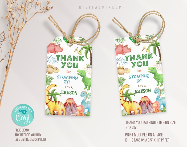 Editable Dinosaur Birthday Thank You Tags Dinosaur Favor - Etsy