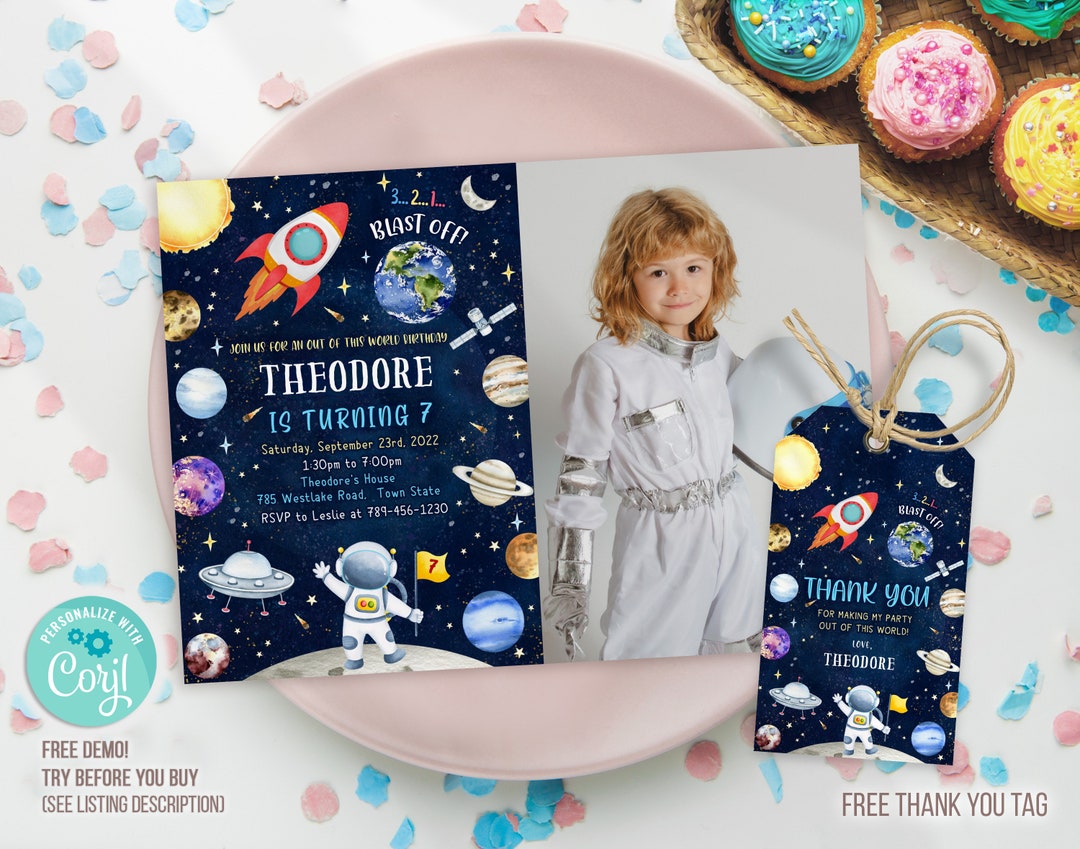 Outer Space Birthday Invitation Template With Photo Planets - Etsy