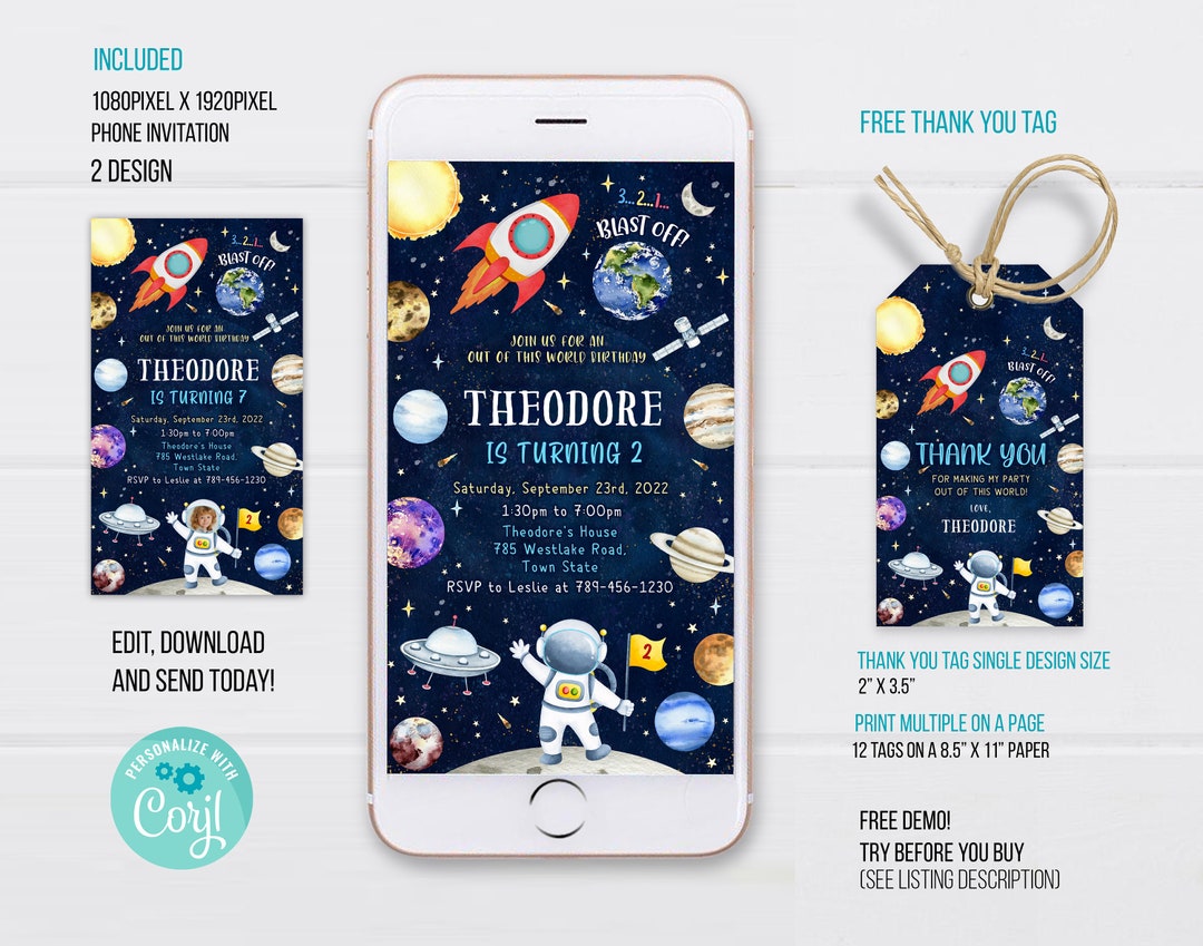 Editable Outer Space Phone Invitation Template, Outer Space Electronic ...