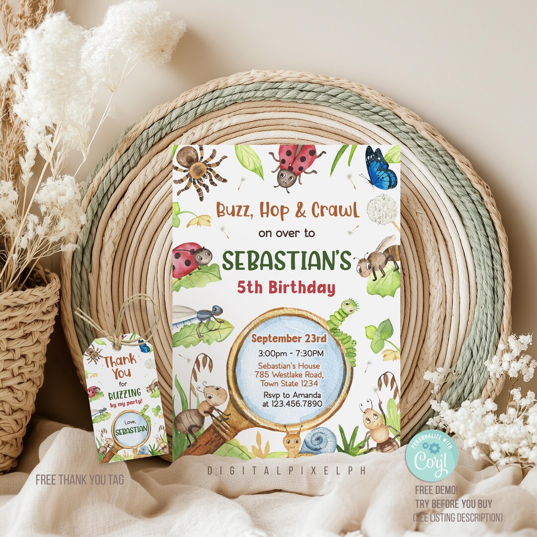 Insect Birthday Invitation, Bugs Birthday Invitation, Insect Thank You ...