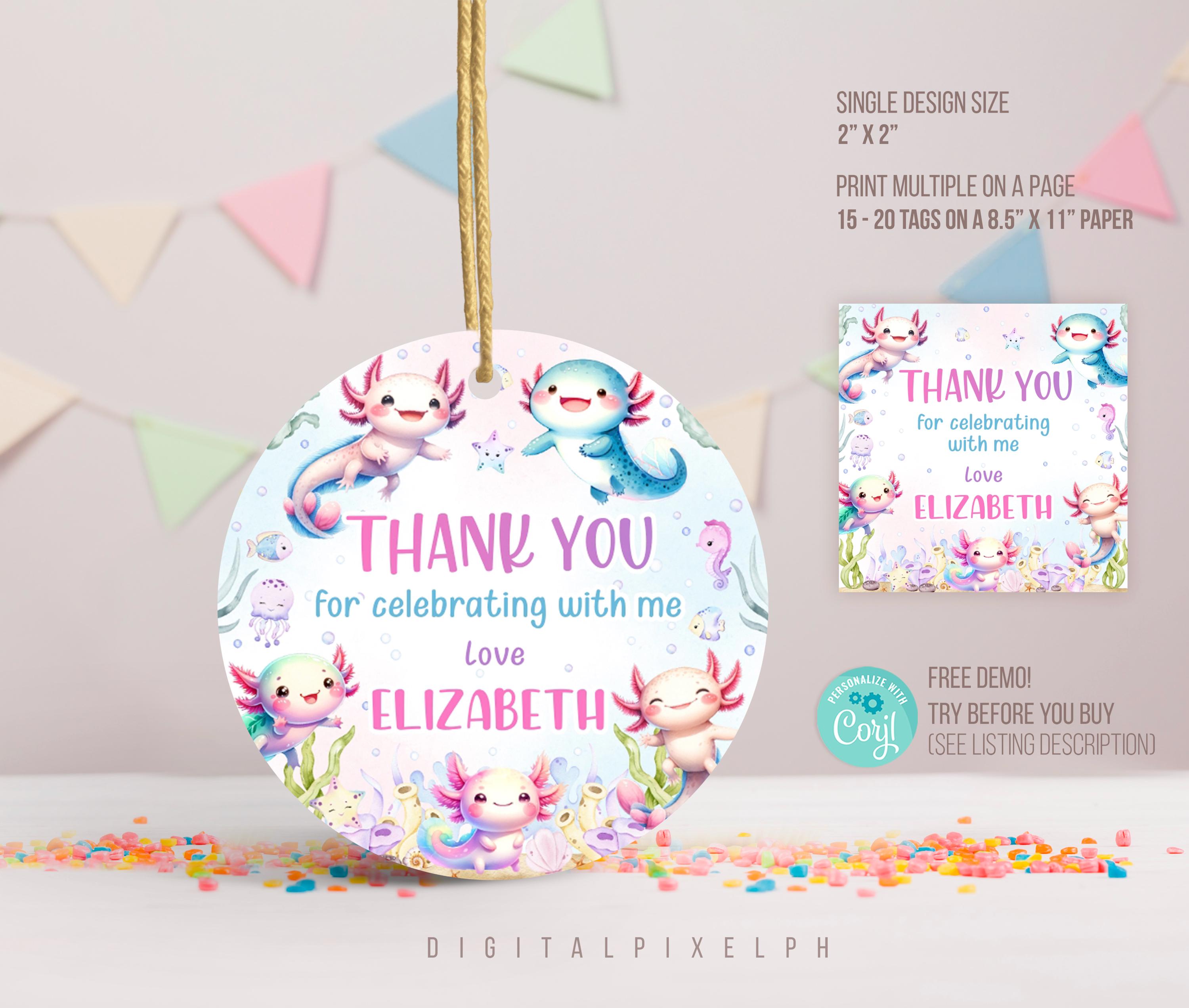 Editable Axolotl Round Thank You Tags, Axolotl Sticker, Axolotl Square ...