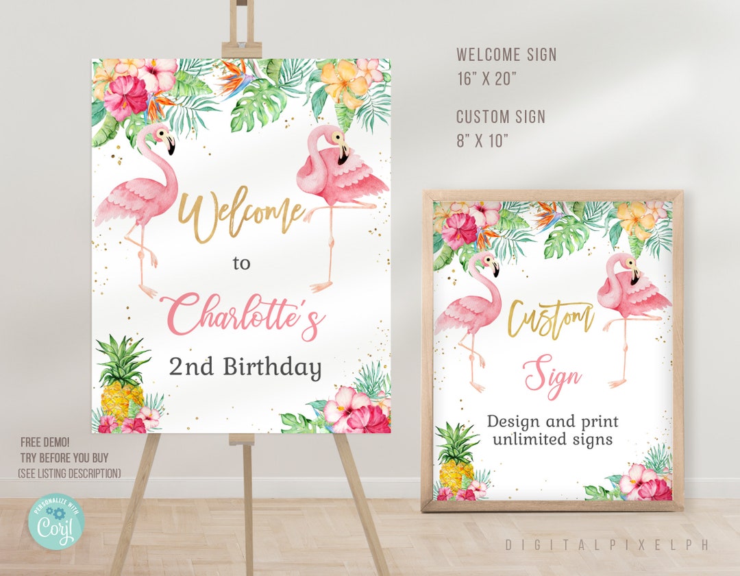 Editable Flamingo Birthday Welcome Sign Template, Flamingo Birthday ...