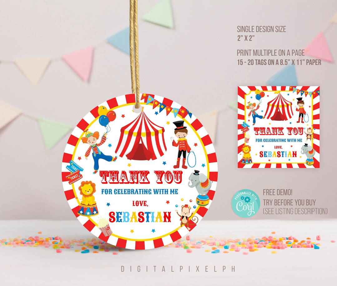 Editable Circus Round Thank You Tags, Circus Sticker, Circus Square ...