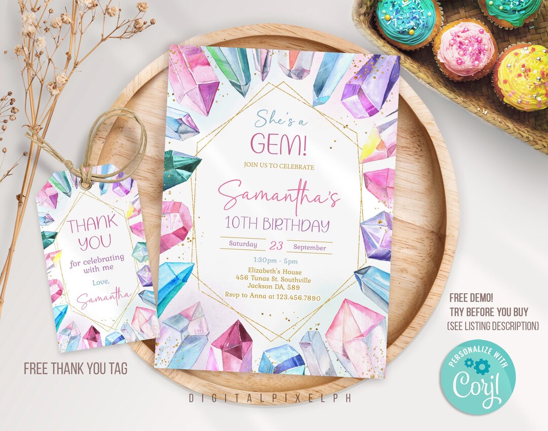 Editable Crystal Gemstone Birthday Invitation, She's a Gem Birthday ...