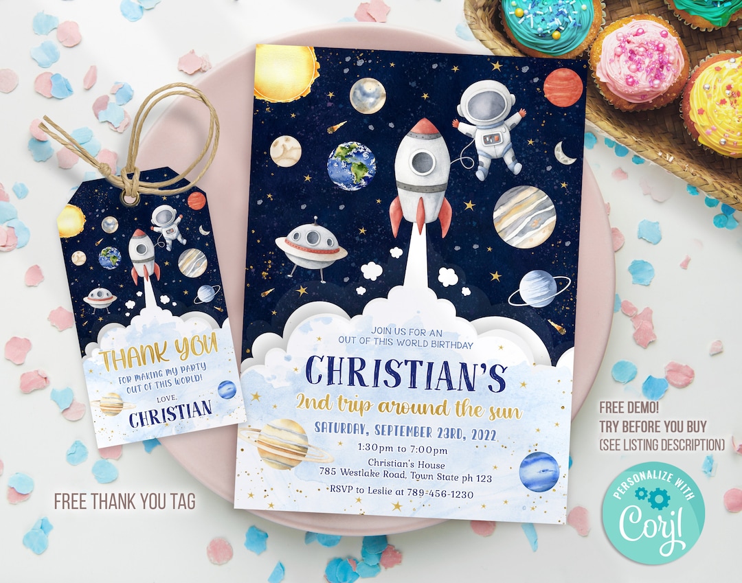 Outer Space Birthday Invitation Template, Planets Rocket Ship Astronaut ...