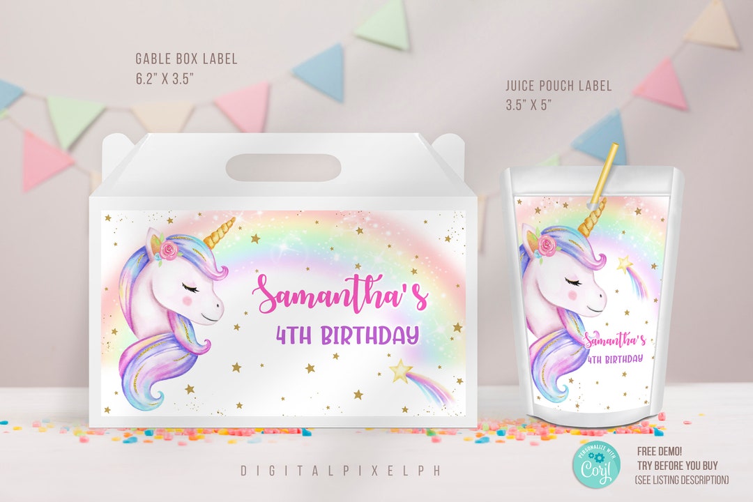 Editable Unicorn Capri Sun Labels, Unicorn Juice Labels, Unicorn Gable ...