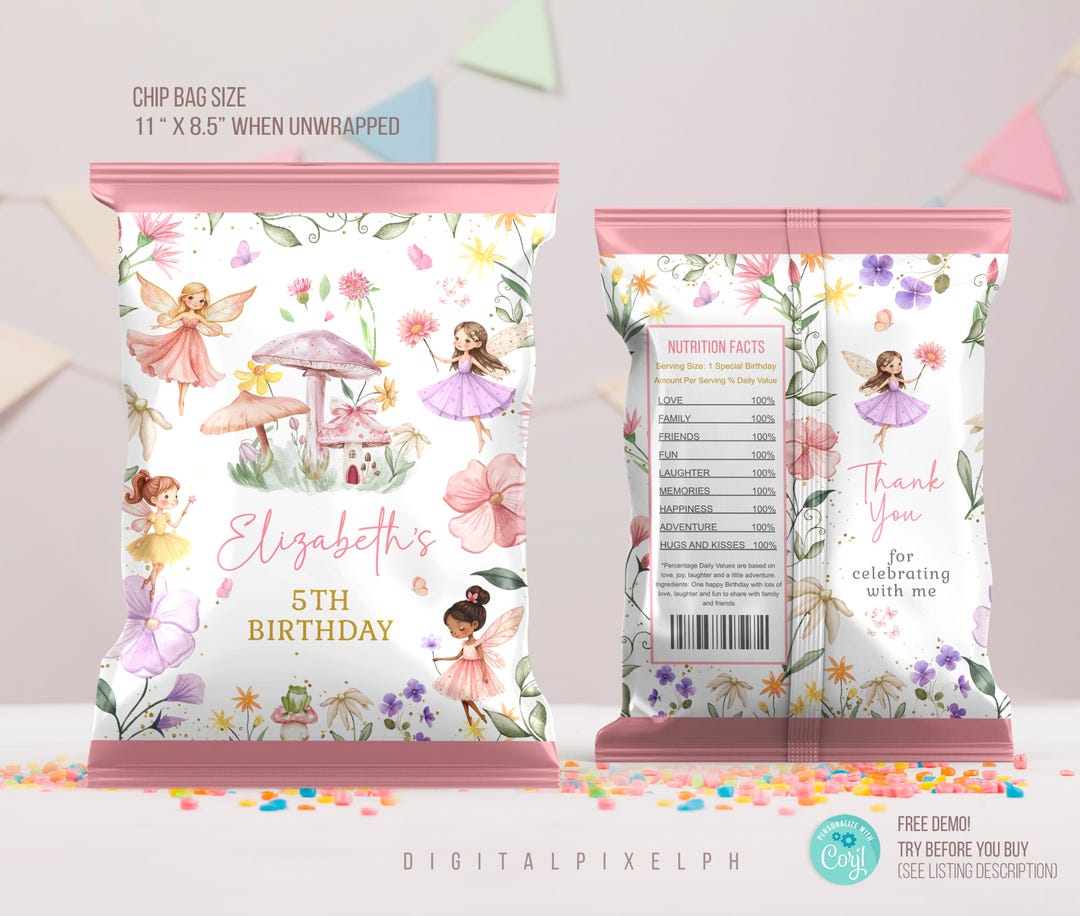 Editable Fairy Chip Bag Wrapper Labels, Fairy Bag Wrapper Labels, Fairy ...