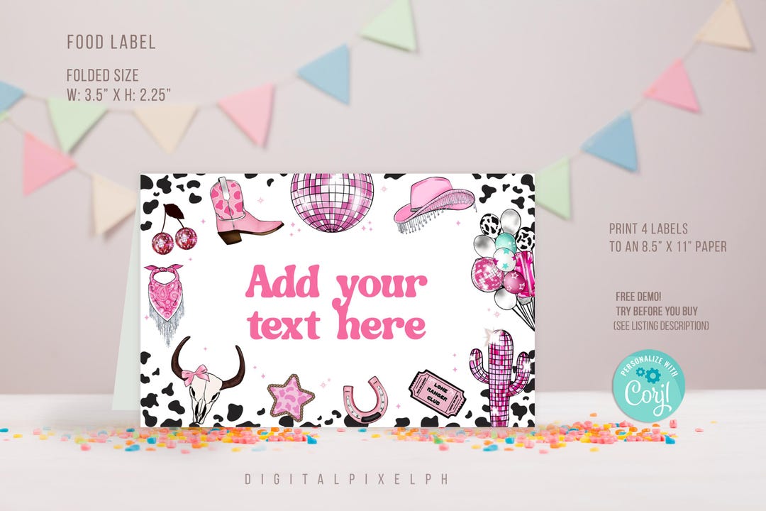 Editable Space Cowgirl Food Label, Space Cowgirl Food Tent Cards, Disco ...