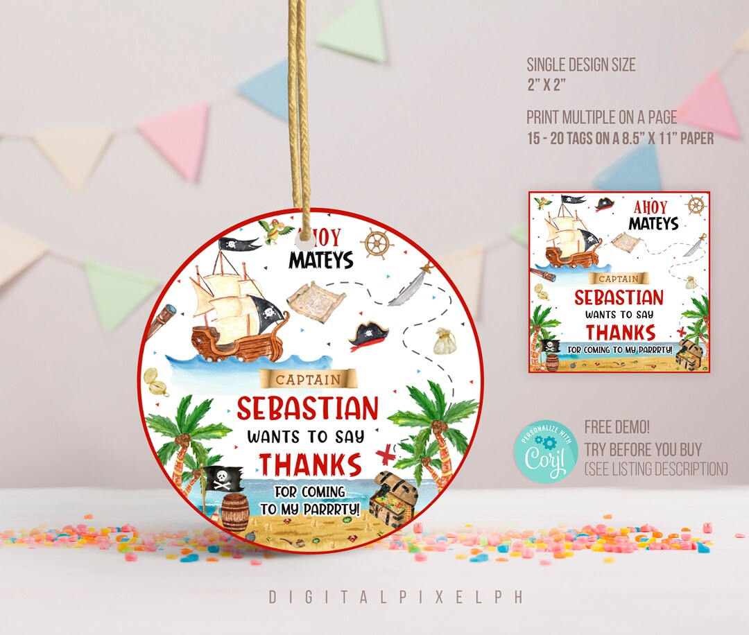 Editable Pirate Round Thank You Tags, Pirate Sticker, Pirate Square ...