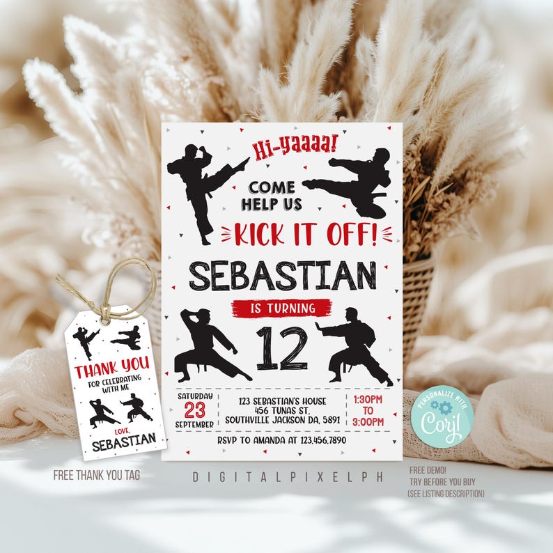 Invitación de cumpleaños de artes marciales, invitación de karate ...