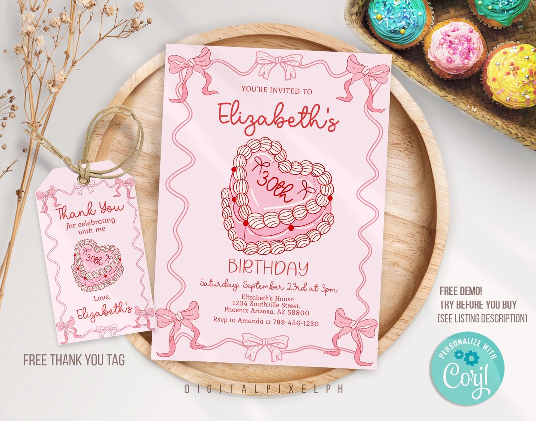 Editable Coquette Birthday Invitation Template, Retro Cake Birthday ...