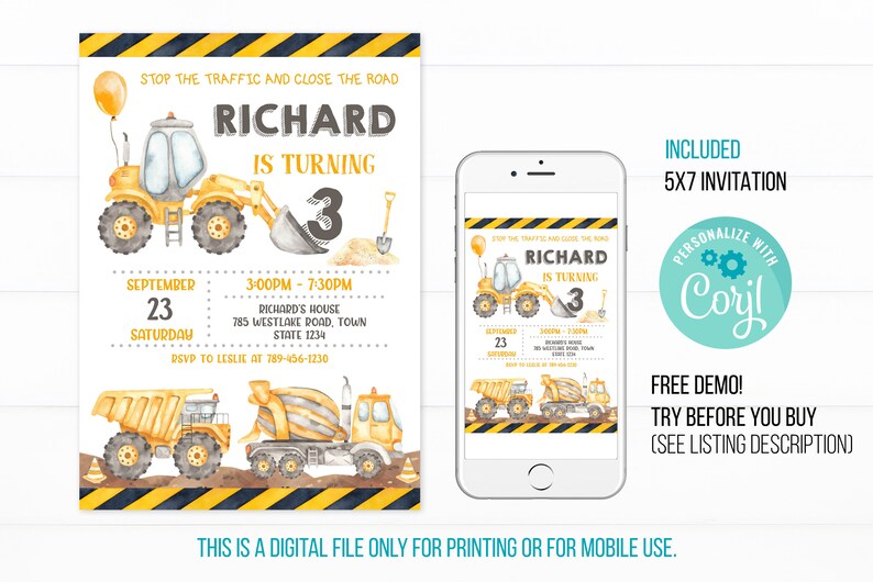 Editable Construction Birthday Party Invitation Template - Etsy