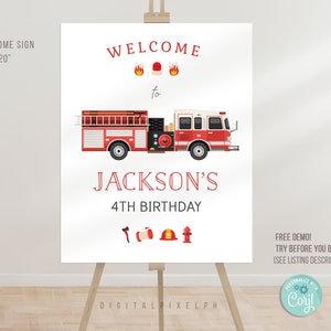 Editable Fire Truck Welcome Sign Template, Fire Truck Birthday Custom ...