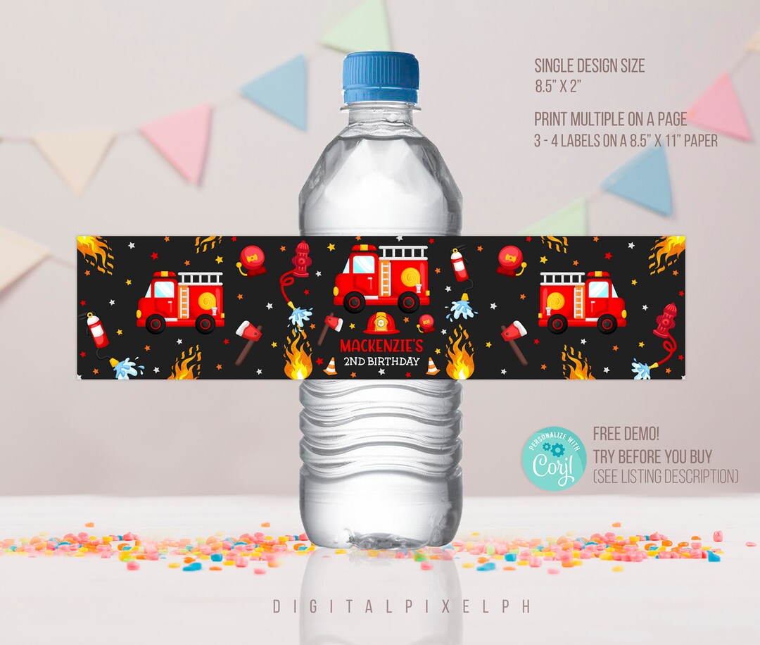 Editable Fire Truck Water Bottle Label, Fire Truck Label, Fireman ...