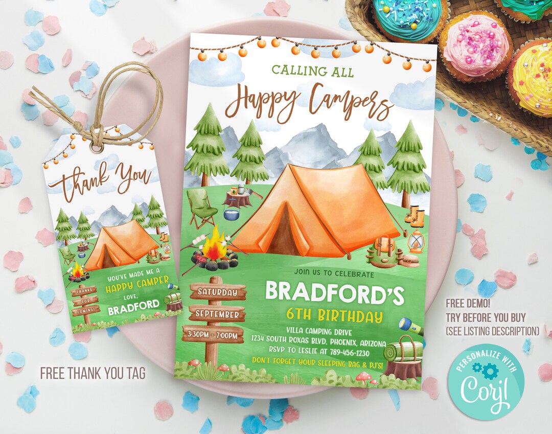 Editable Camping Birthday Invitation, Happy Camper Invitation, Camping ...