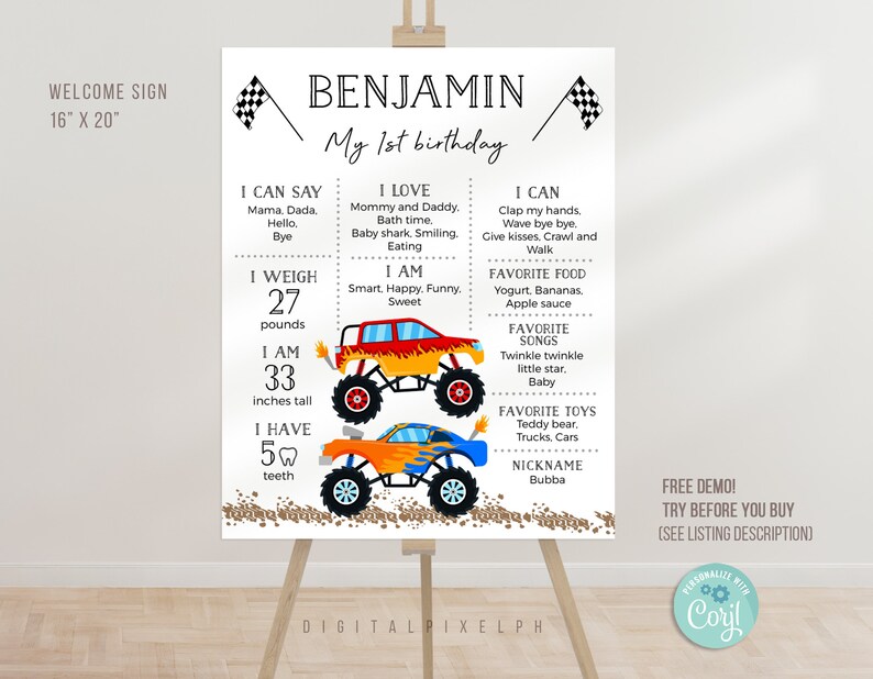 Editable Monster Truck Birthday Milestone Poster Template, Monster ...
