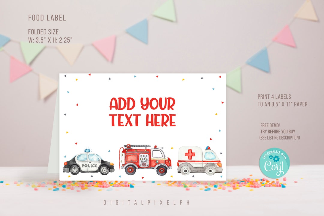 Editable Emergency Vehicles Food Label, Emergency Vehicles Food Tent ...