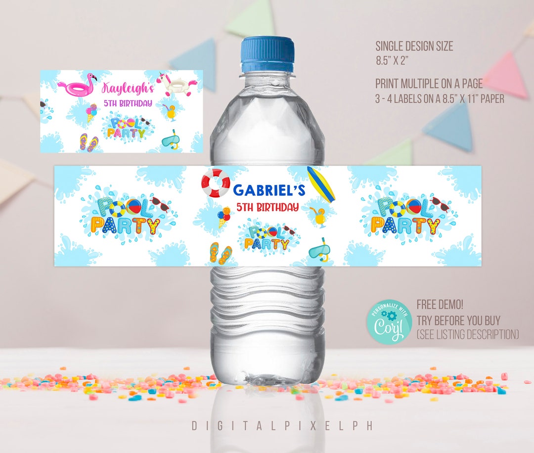 Editable Pool Party Water Bottle Label, Pool Party Label, Pool Party ...