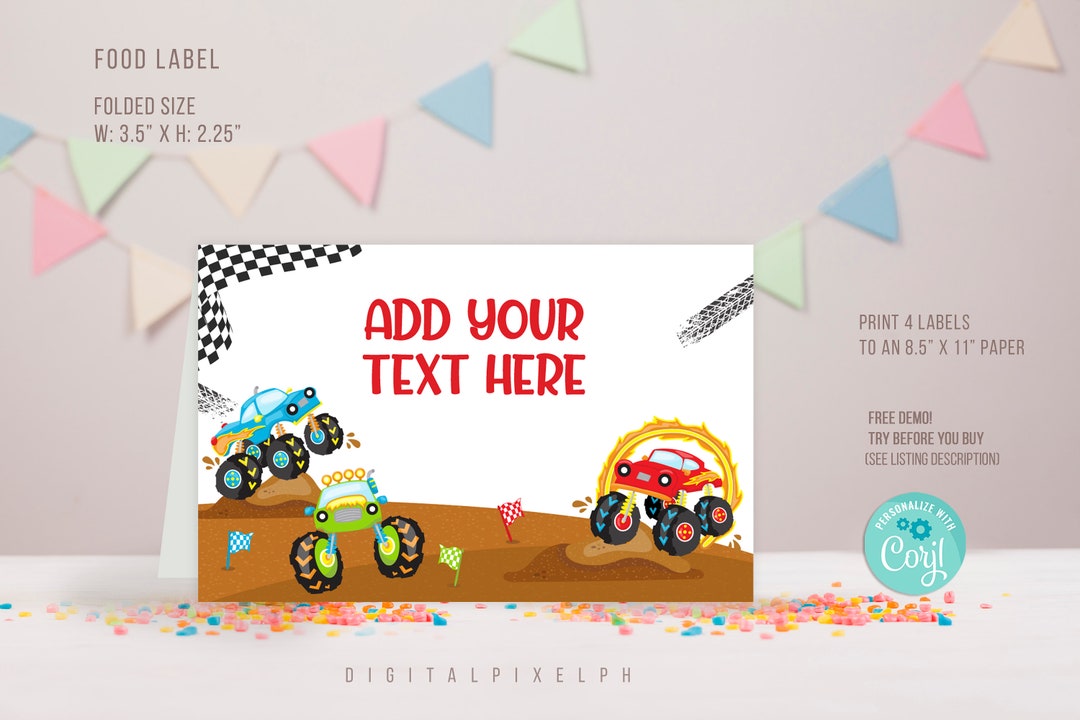 Editable Monster Truck Food Label, Monster Truck Food Tent Cards ...