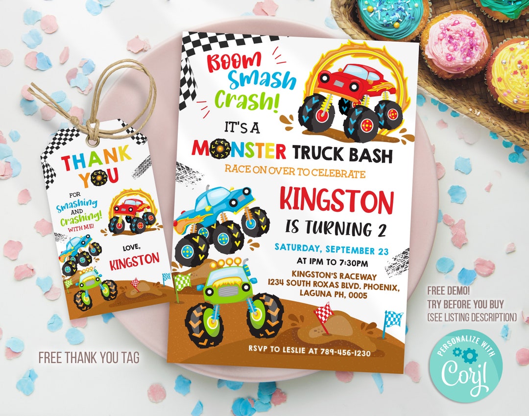 Editable Monster Truck Birthday Invitation Template, Monster Truck ...