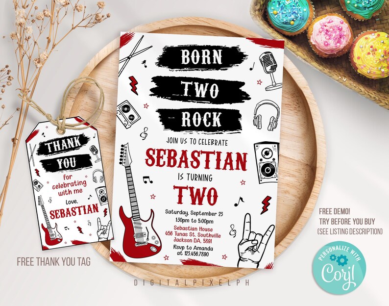 Born Two Rock Birthday Invitation, Rock and Roll Birthday Invitation ...