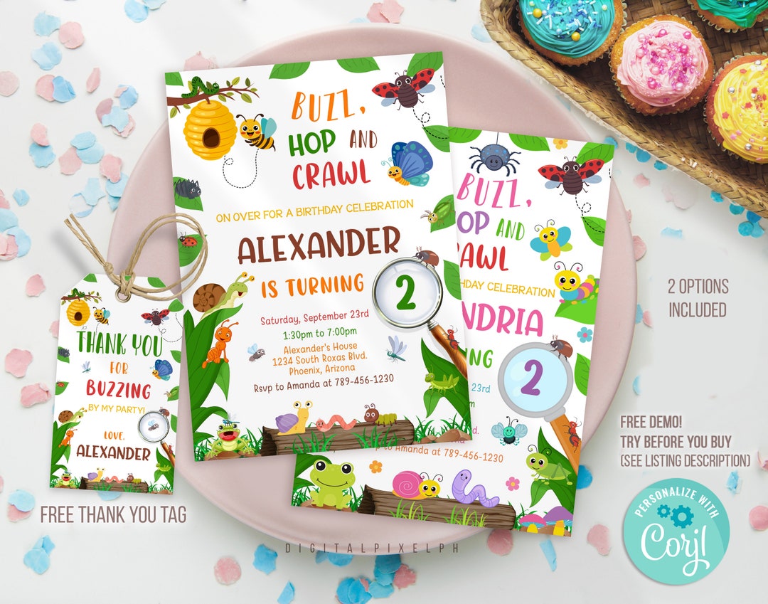 Insect Birthday Invitation, Bugs Birthday Invitation, Insect Thank You ...