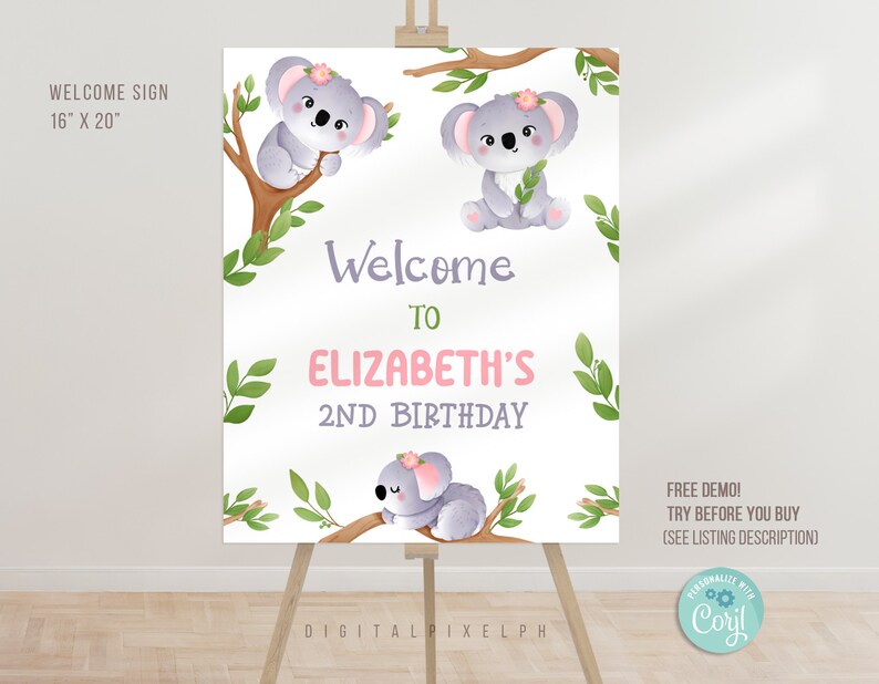 Editable Koala Birthday Welcome Sign Template, Koala Custom Sign ...