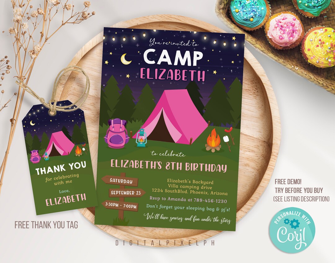 Editable Camping Birthday Invitation, Happy Camper Invitation, Camping ...