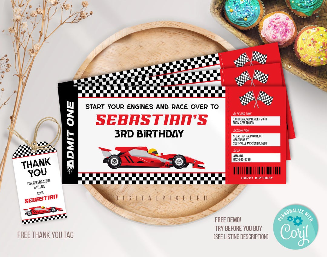 Editable Race Car Birthday Ticket Invitation, Race Car Ticket ...