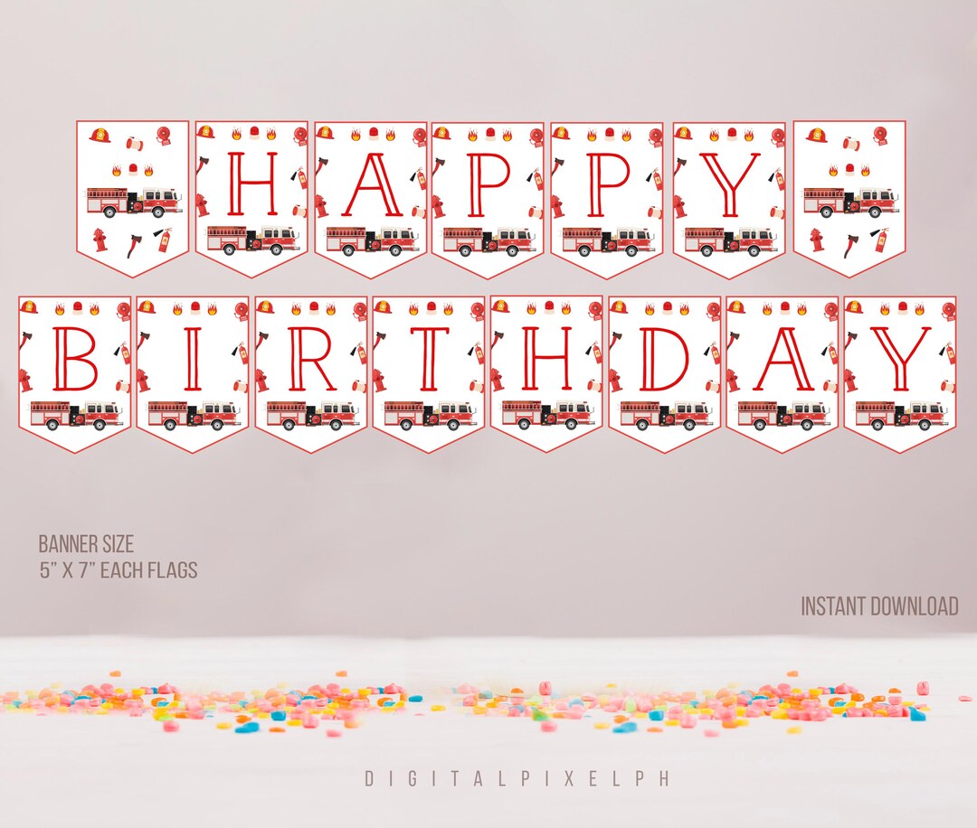 Fire Truck Happy Birthday Banner, Fire Truck Banner, Firetruck Birthday ...