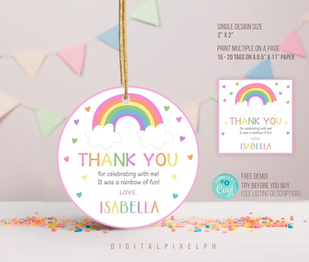 Editable Round Rainbow Thank You Tags, Rainbow Sticker, Square Rainbow ...
